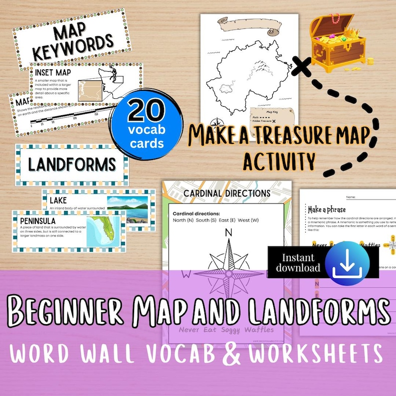 Geography Map Skills: Landform Vocabulary Cards & Treasure Map (digital ...