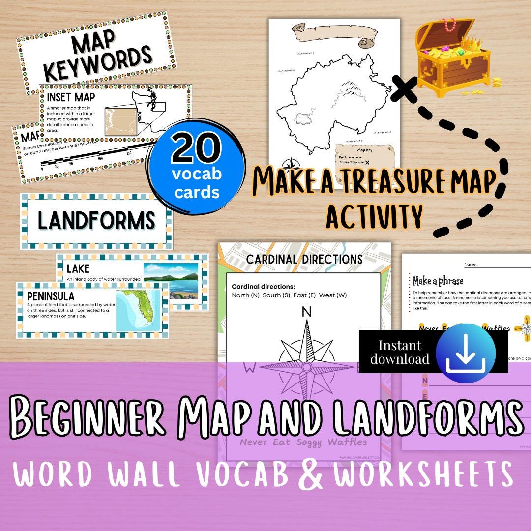 Geography Map Skills: Landform Vocabulary Cards & Treasure Map (digital ...