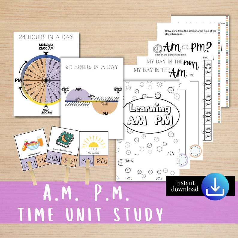 AM PM Time Unit Study, Learn to Tell Time, Time Activity, Math Task Box ...