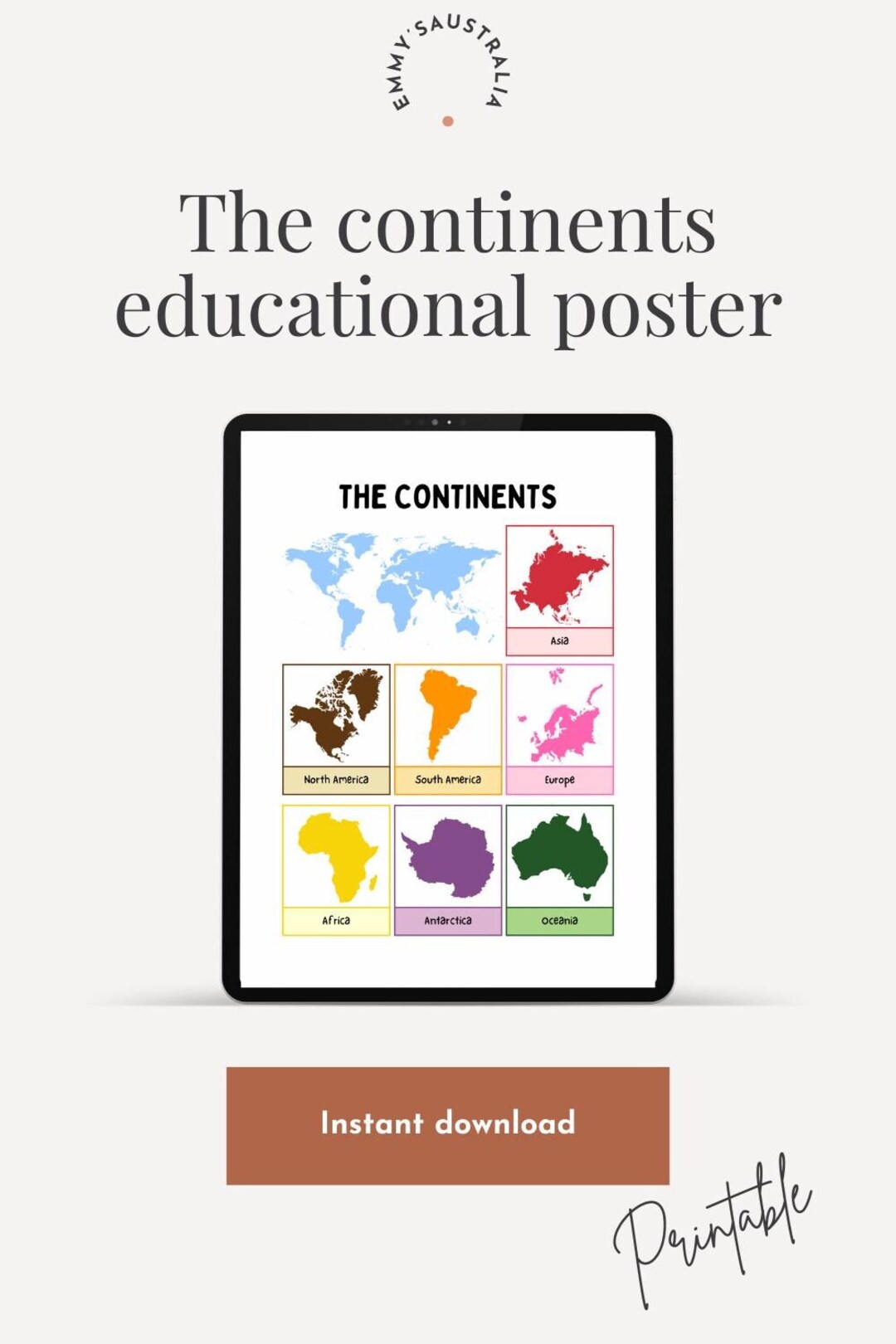 Continents Poster, Educational Wall Art, Back to School, Homeschool ...