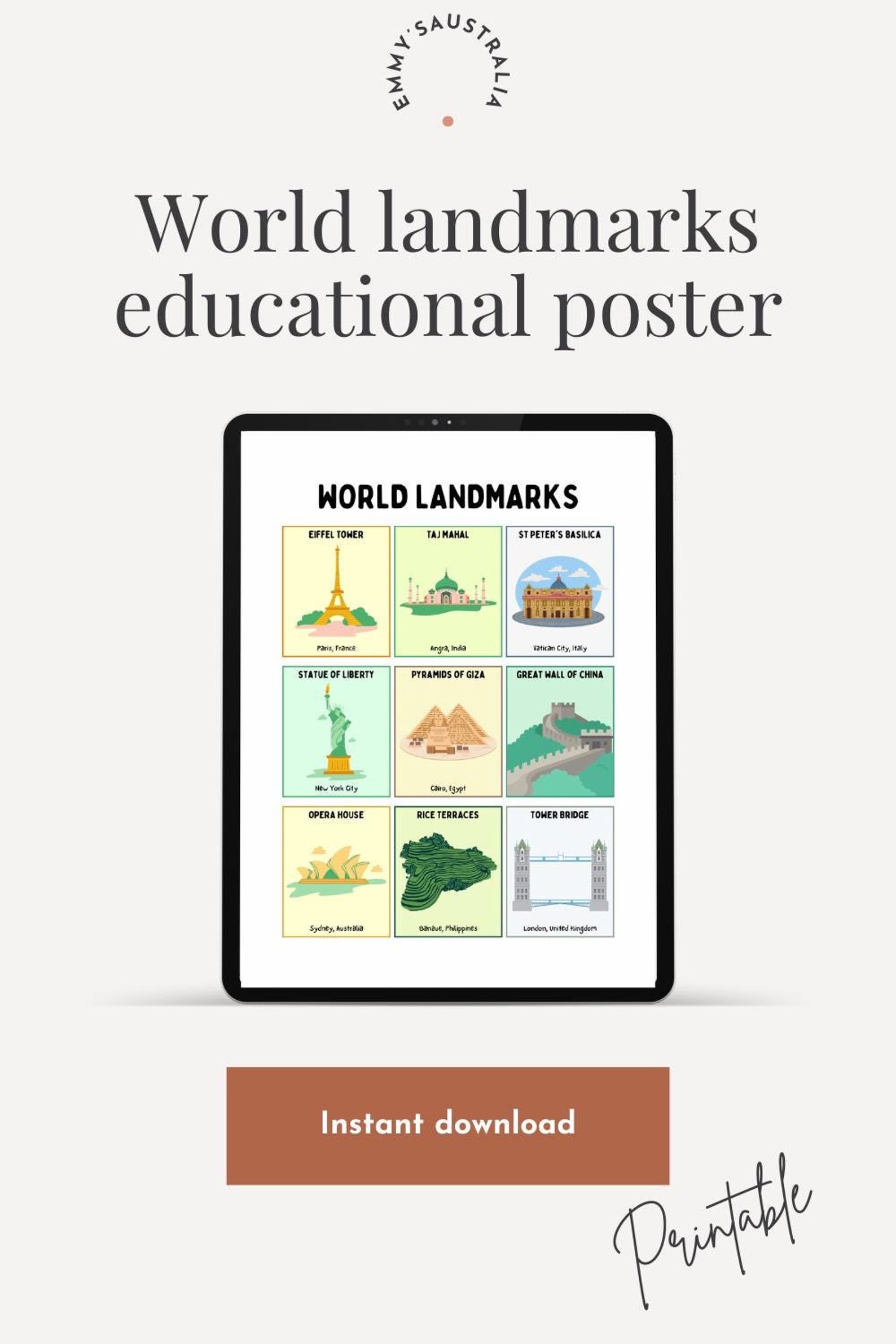 World Landmarks Poster, Educational Wall Art, Back to School ...