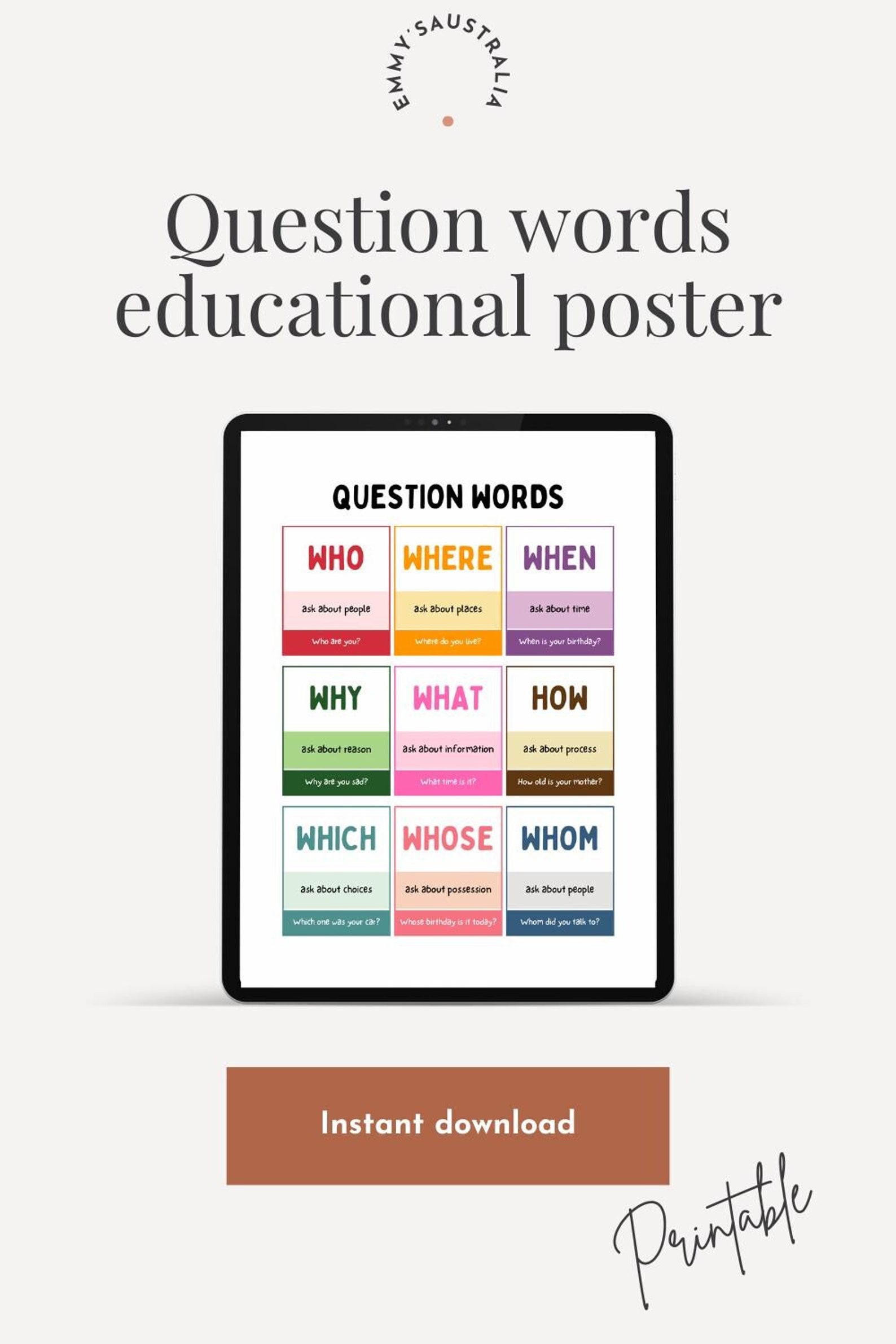 Question Words Poster, Educational Wall Art, Back to School, Homeschool ...