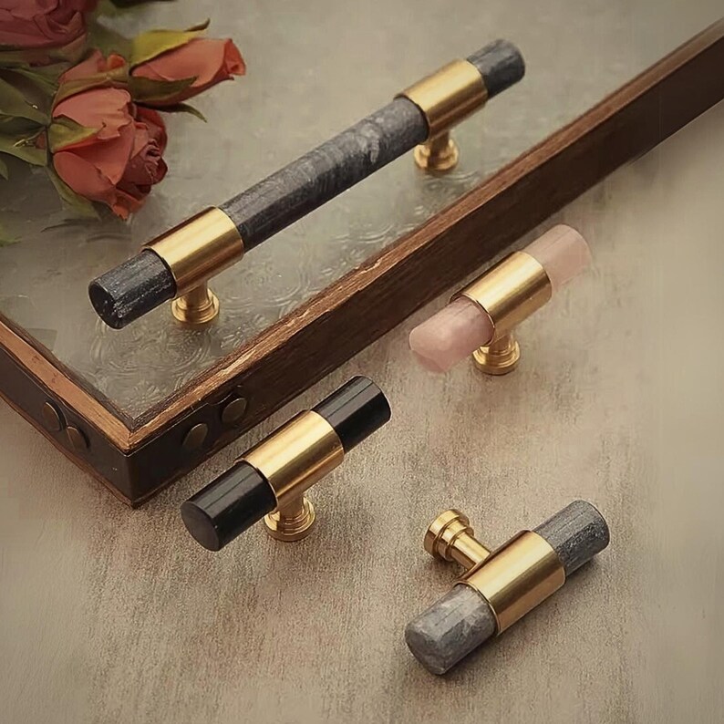 Unique Black and Pink Stone Cabinet Nature Marble Knobs and With Brass - Unique Modern Pulls ...