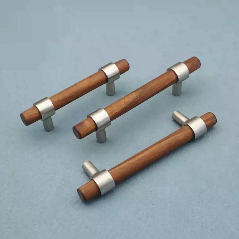 Walnut Wood and Silver Drawer Pulls for Wardrobes and Kitchen Cabinets ...
