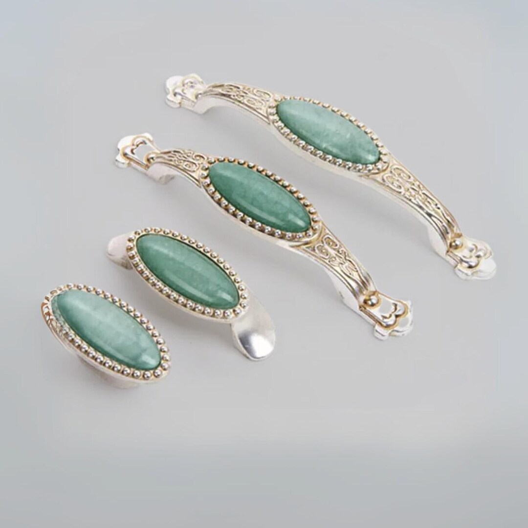 Antique Silver Drawer Pull Handles Turquoise Green Kitchen Cabinet ...