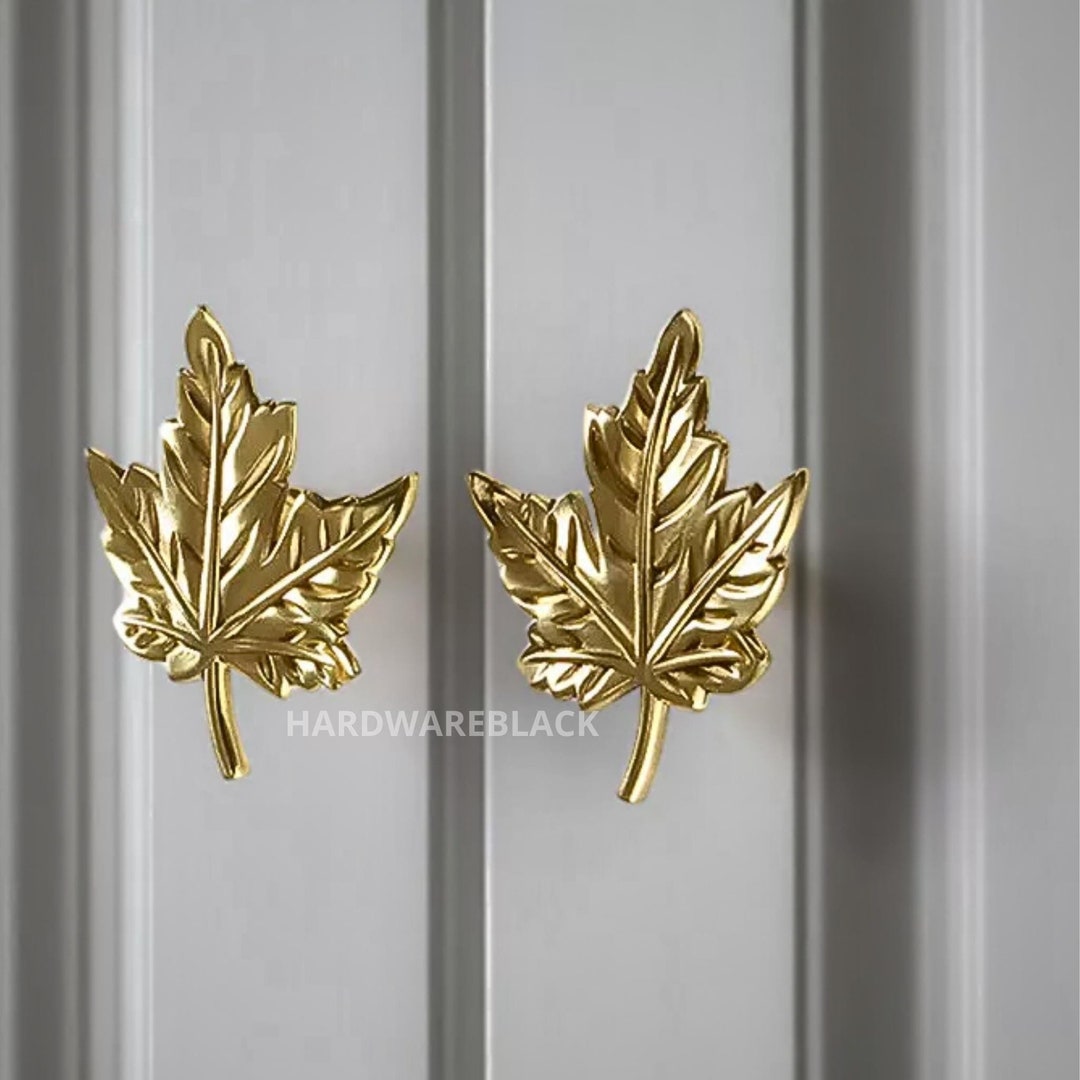 Brushed Gold Maple Leaf Knobs Unique Drawer Pulls and Cabinet Handles - Etsy