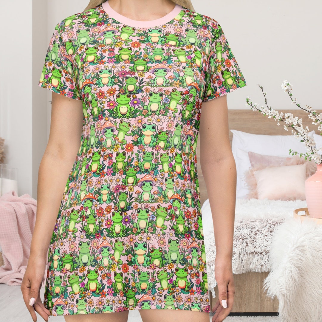 Kawaii Frog Print Dress, Cute Frog Apparel, Lounge Wear for Women ...