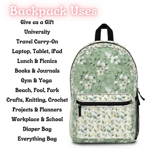 Sage Green Botanical Backpack, Green Aesthetic Leaves Print Bag, Womens ...