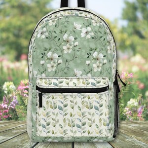 Sage Green Botanical Backpack, Green Aesthetic Leaves Print Bag, Womens ...