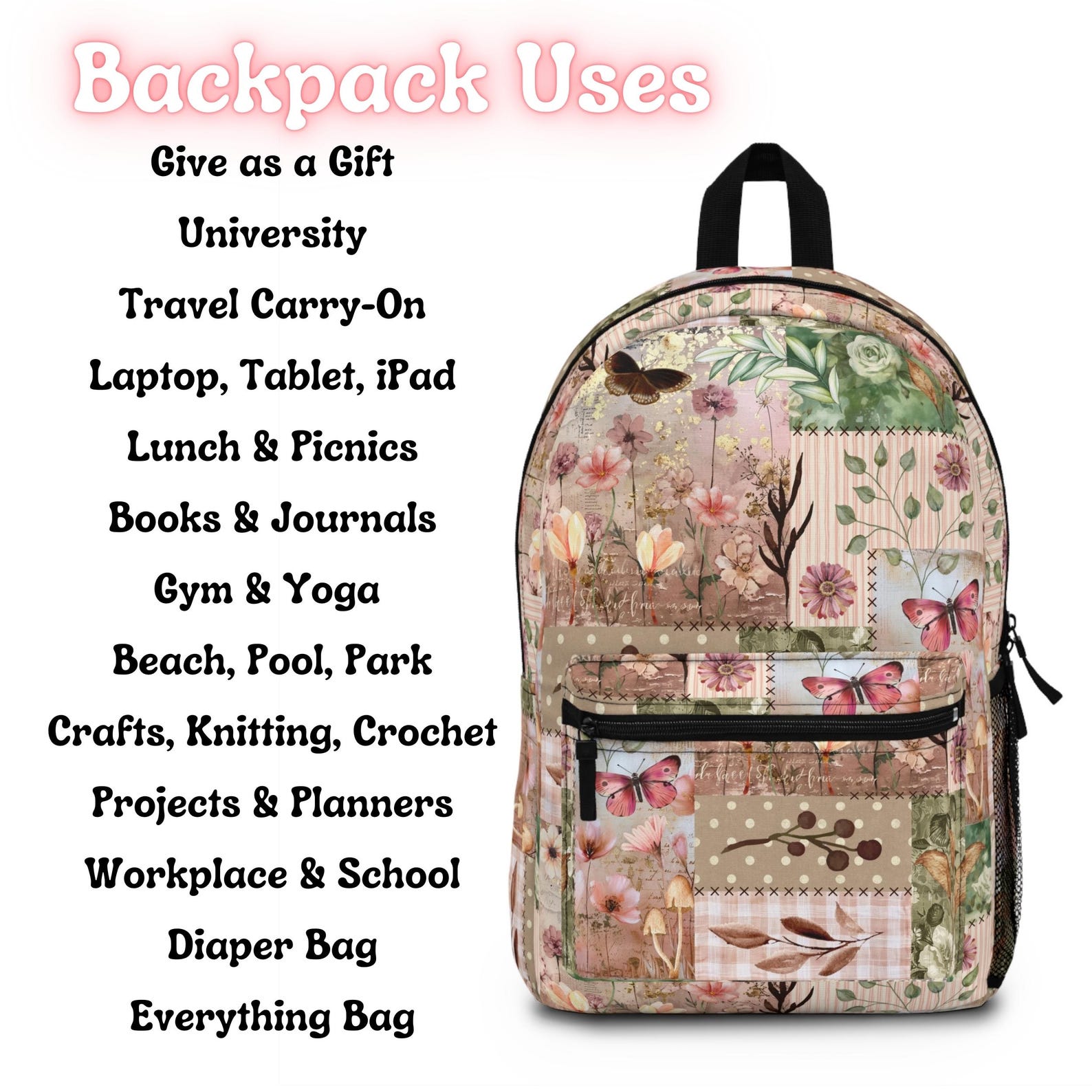 Printed Patchwork Cottagecore Style Floral Backpack, Everyday Backpack ...