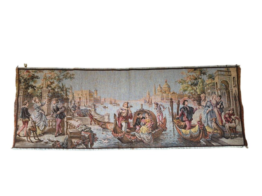 Antique Victorian Tapestry Belgium 54in L × 20in H Waterfront Scene ...