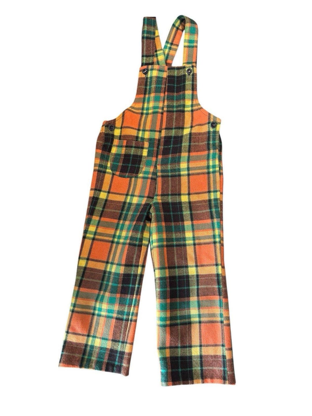 Vintage 70s Kids Plaid Overalls Romper Orange Green Yellow 4T? Hippy ...