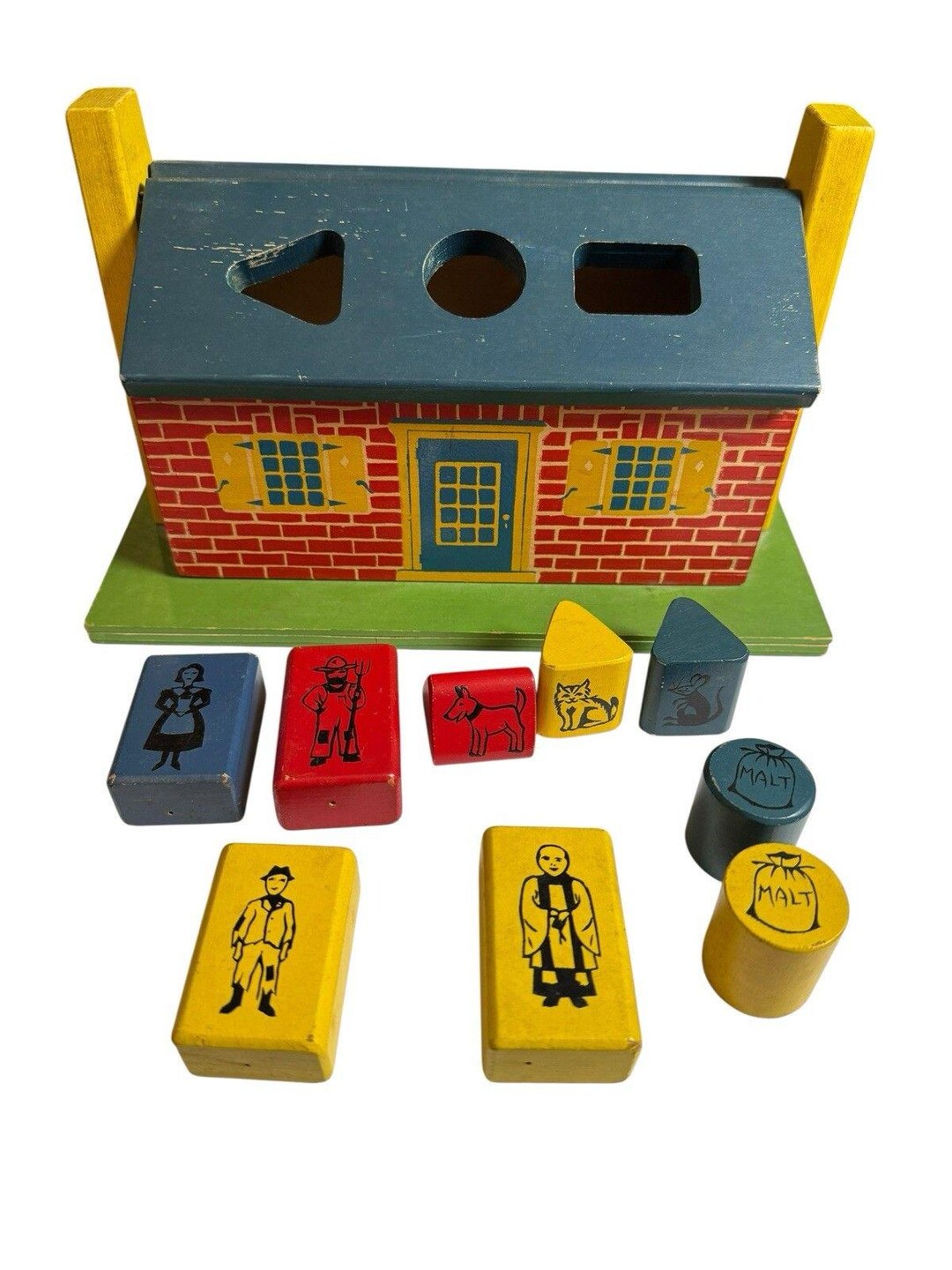 Vintage Holgate Wooden Brick House Toy Unique Cabin Wood 9 Blocks Shape ...