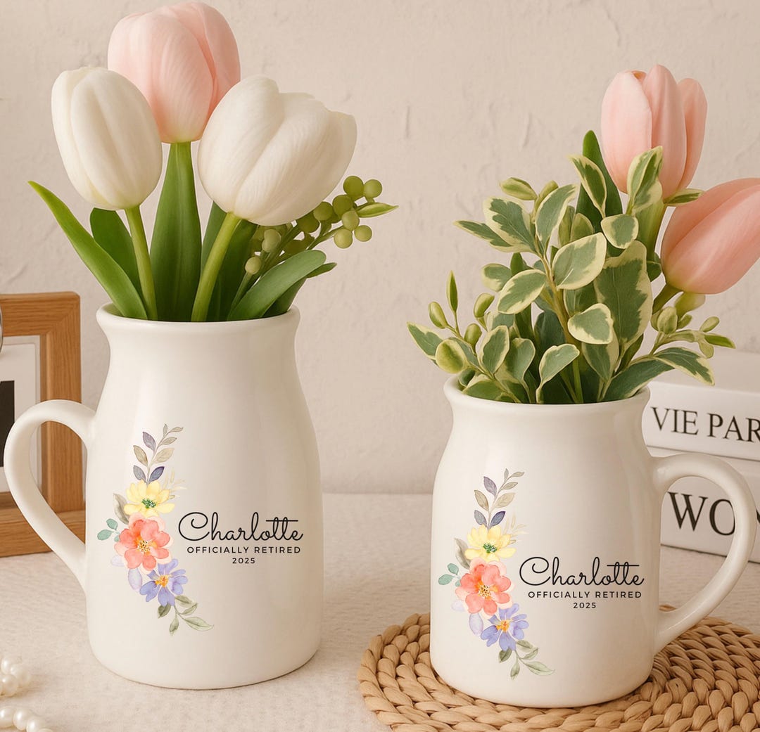Personalized Retirement Flower Vase: Custom Floral Ceramic Pitcher - Etsy