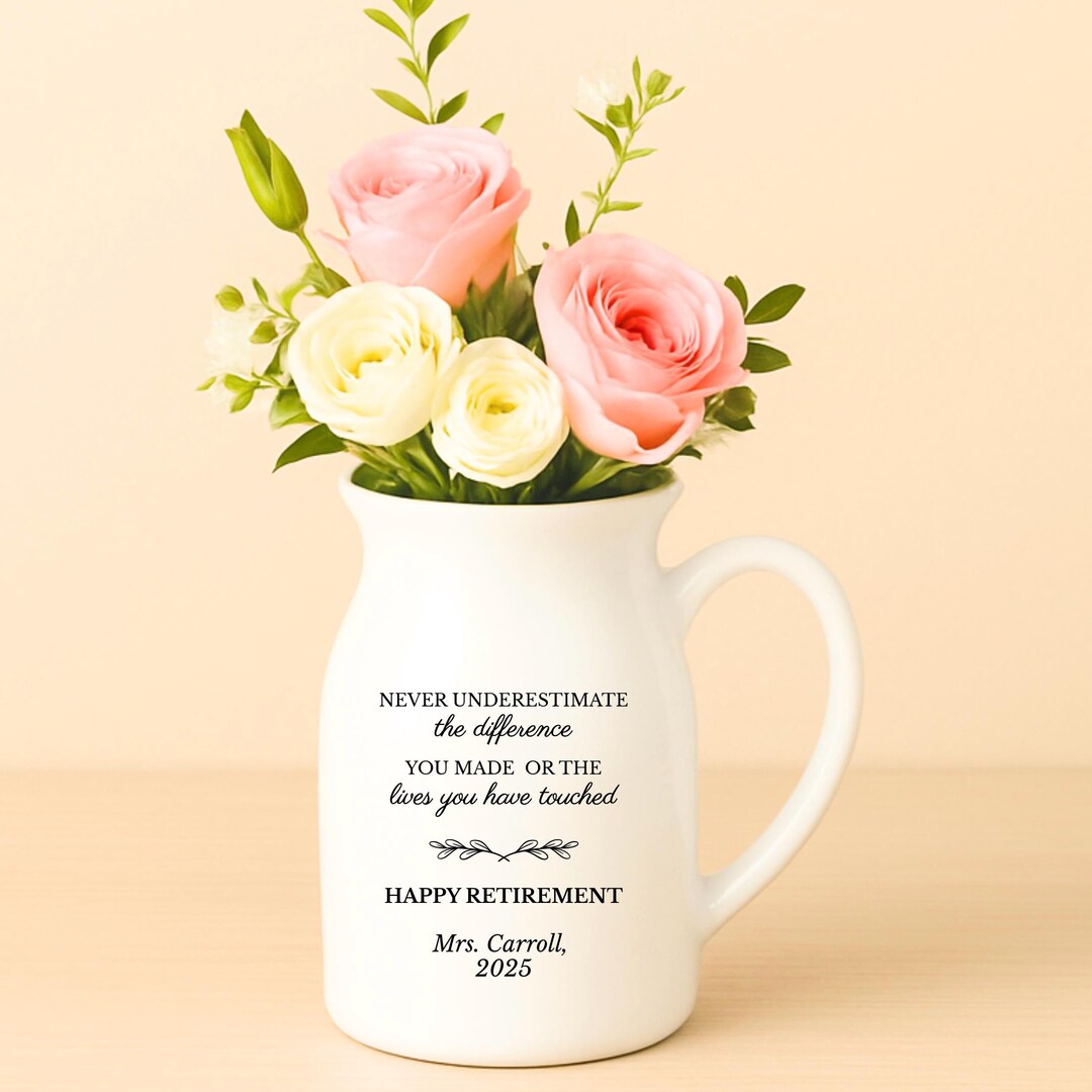 Personalized Retirement Flower Vase – Custom Message Ceramic Pitcher ...