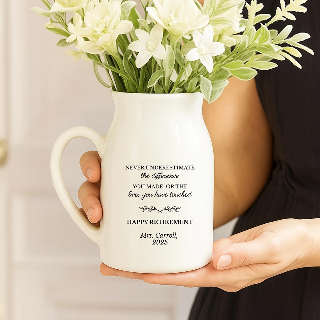 Personalized Retirement Flower Vase – Custom Message Ceramic Pitcher ...