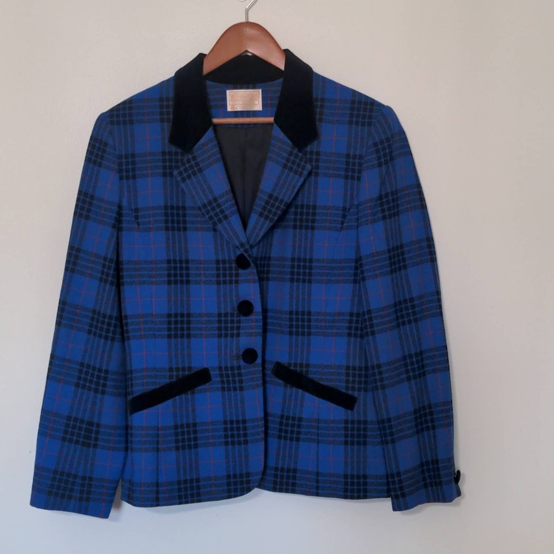 Vintage Pendleton Cobalt Blue Plaid Wool and Velvet Blazer - Etsy