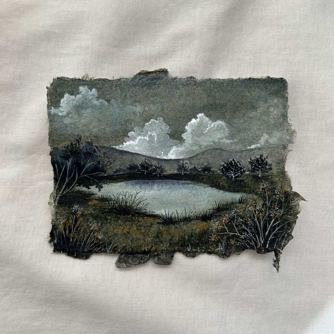 ORIGINAL Watercolor Painting of an Autumn Moody Pond on Handmade Deckle ...