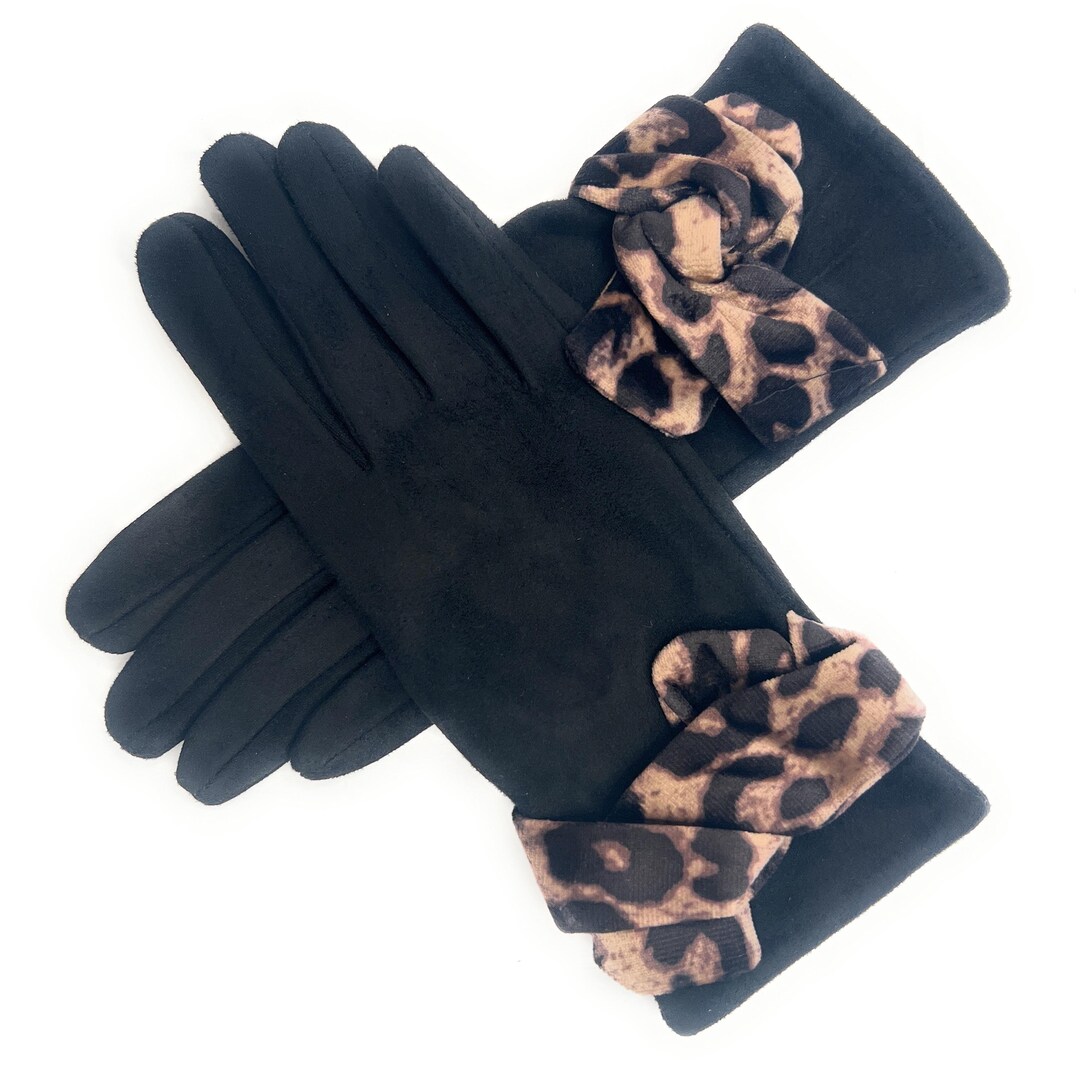Animal Print Accented Black Gloves-touchscreen Gloves for Women-black ...