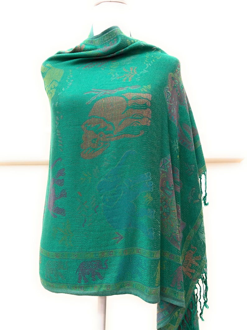 Emerald Green Elephant Pashmina Shawl: Vintage Indian Scarf - Etsy