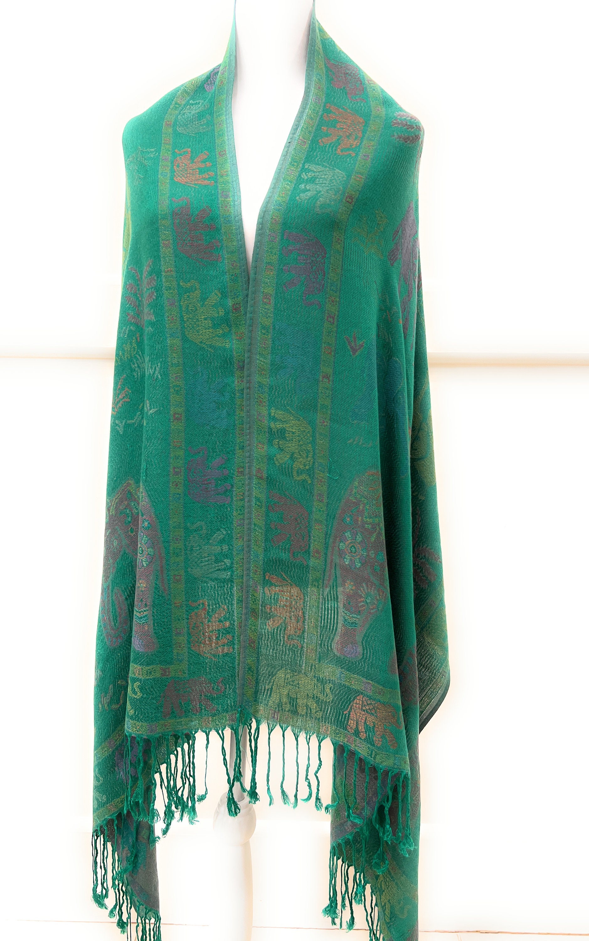 Emerald Green Elephant Pashmina Shawl: Vintage Indian Scarf - Etsy
