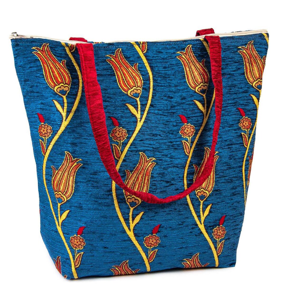 Blue Fabric Tote Bag-tulip Floral Pattern-blue and Red Bag-tapestry ...