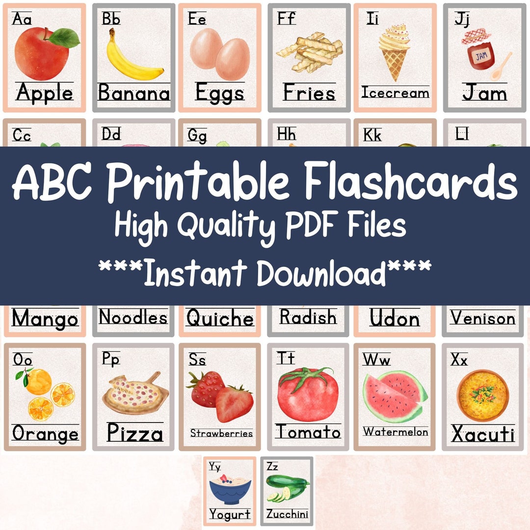 ABC Flashcards for Toddlers, Preschoolers or Pre-k, Alphabet Food Theme ...