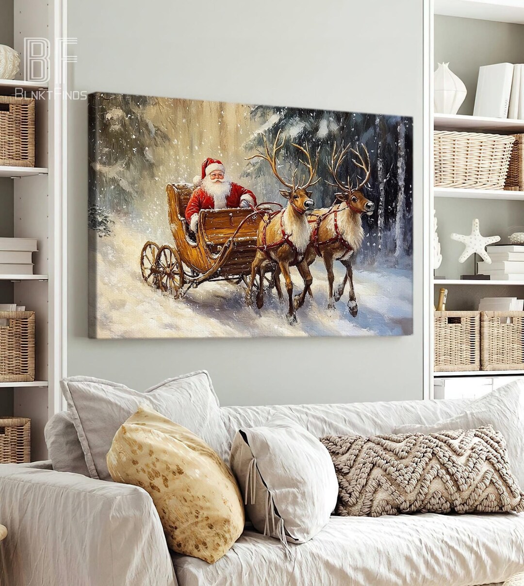 Santa Claus Sleigh Canvas, Christmas Wall Art With Reindeer, Snow Scene ...