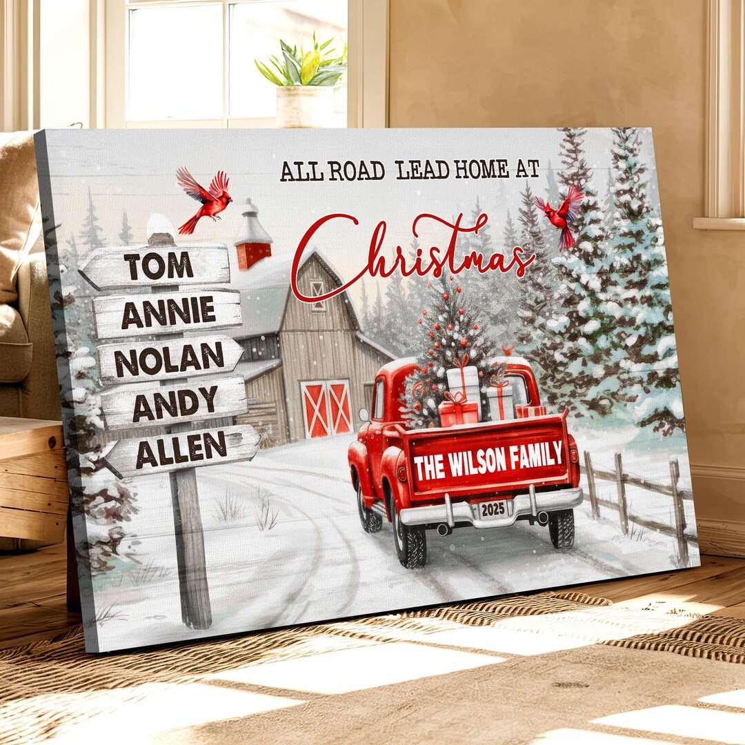 Custom Family Christmas Canvas Sign With Names, Red Truck Farmhouse ...