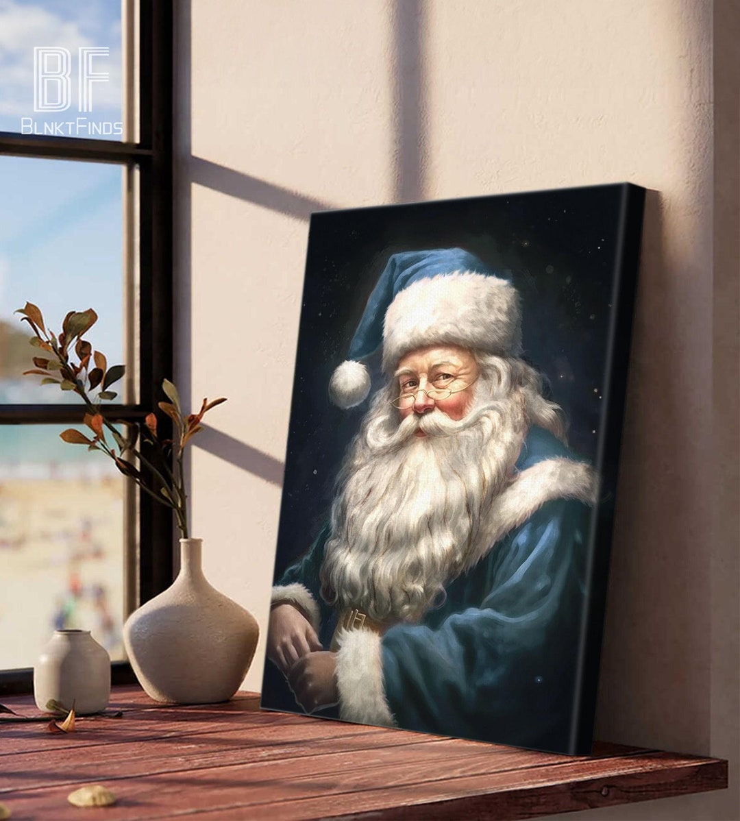 07 Blue Santa Portrait Vintage Christmas Canvas, Rustic Winter Scene ...
