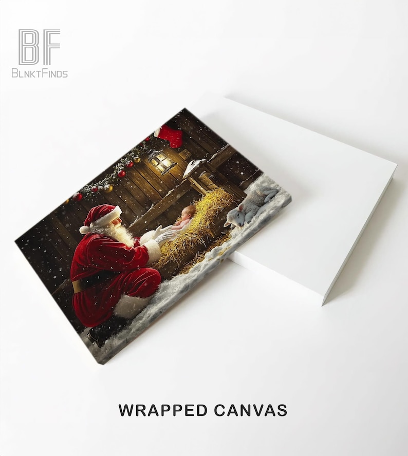 Santa Kneeling by the Manger Canvas, Nativity Christmas Wall Art ...