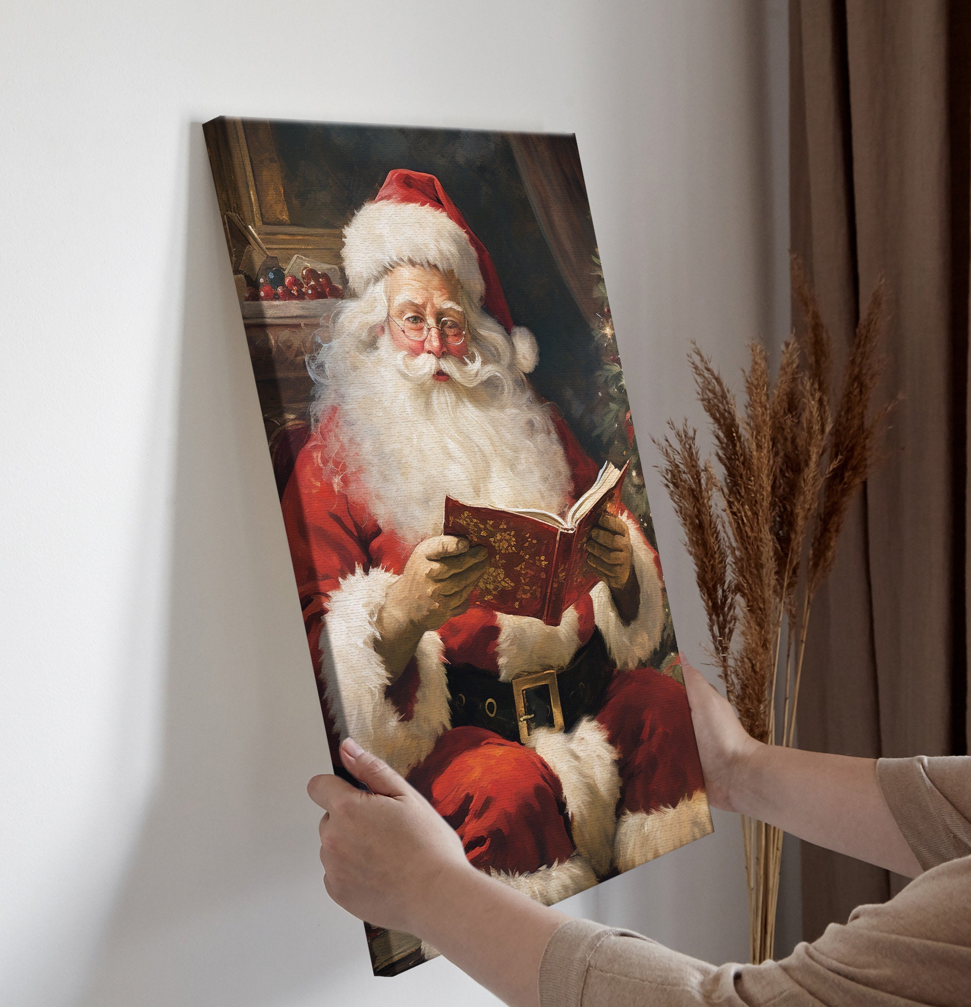 Vintage Santa Reading Book Christmas Wall Art CANVAS, Oil Painting ...