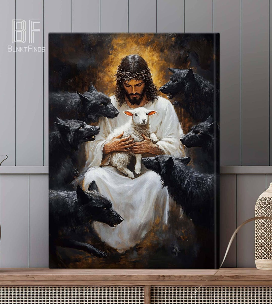 Jesus Protecting Lamb From Wolves Canvas, Spiritual Christian Art ...