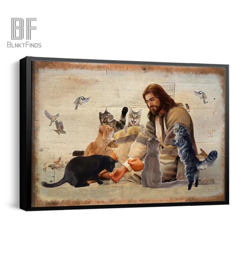 Jesus Hug Cats Canvas, Tranquil Farm Art, Cats With Jesus Painting, God ...