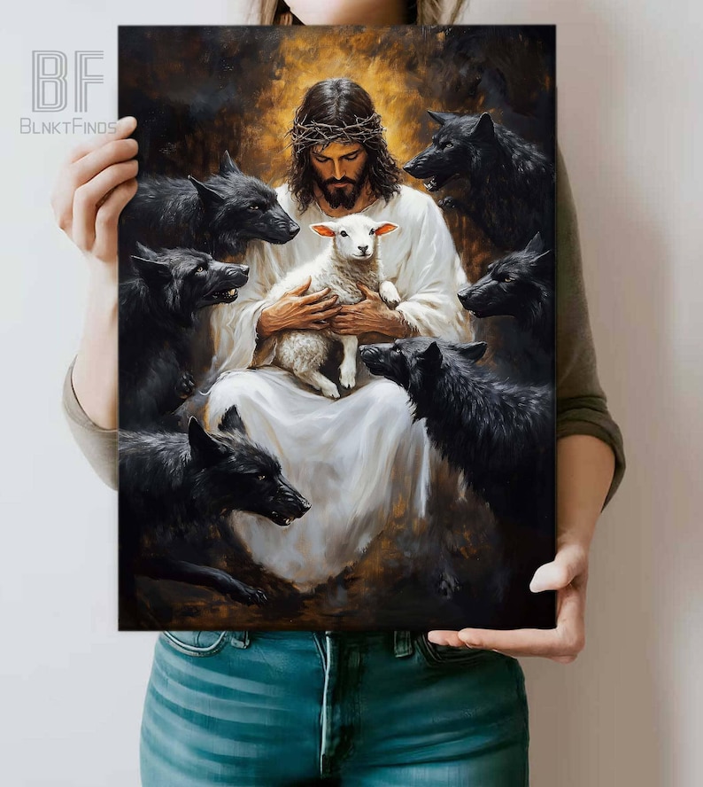 Jesus Protecting Lamb From Wolves Canvas, Spiritual Christian Art ...