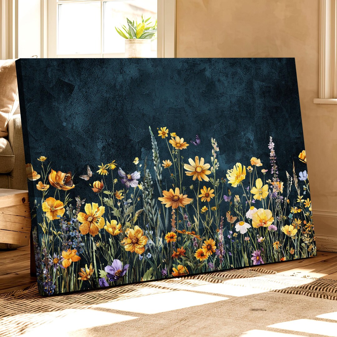 Rustic Wildflower Poster, Dark Floral Botanical Canvas, Summer Meadow ...