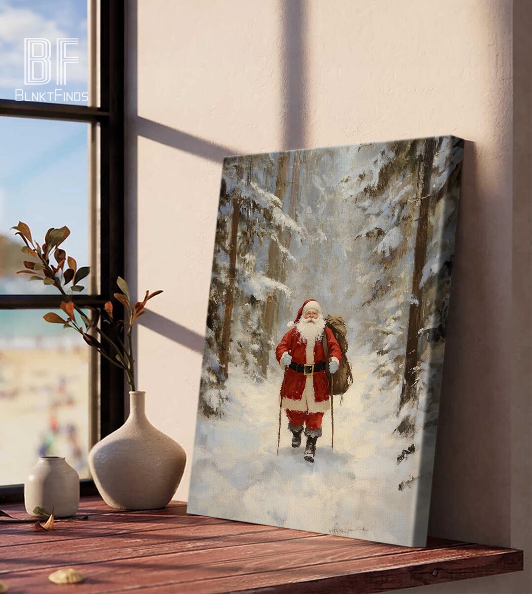 Santa Hiking in Snowy Forest - Winter Adventure Canvas, Christmas Wall ...