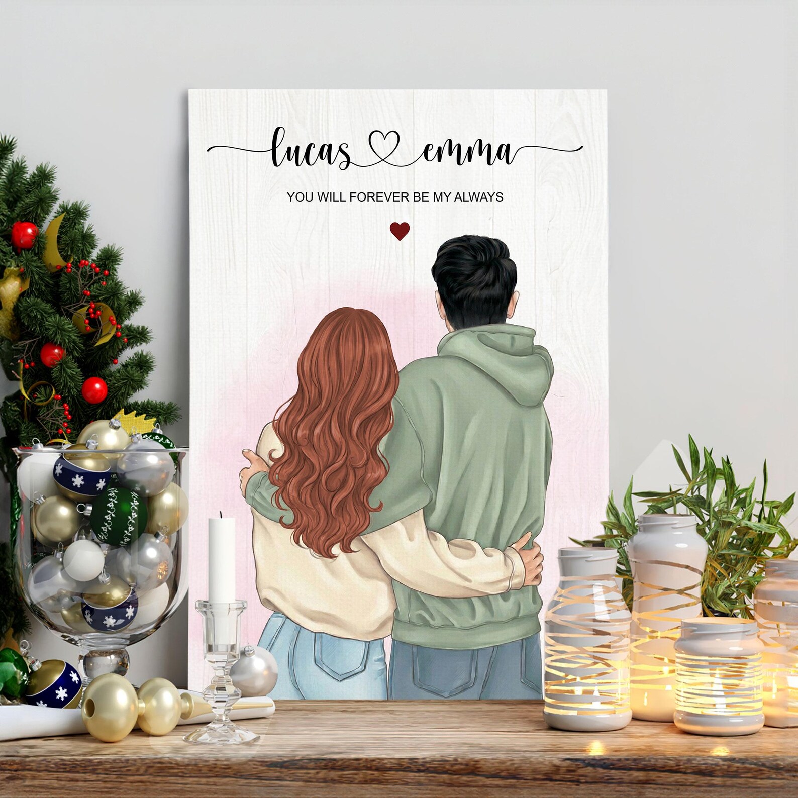 Custom Couple Illustration Canvas, Personalized Back View Lovers ...