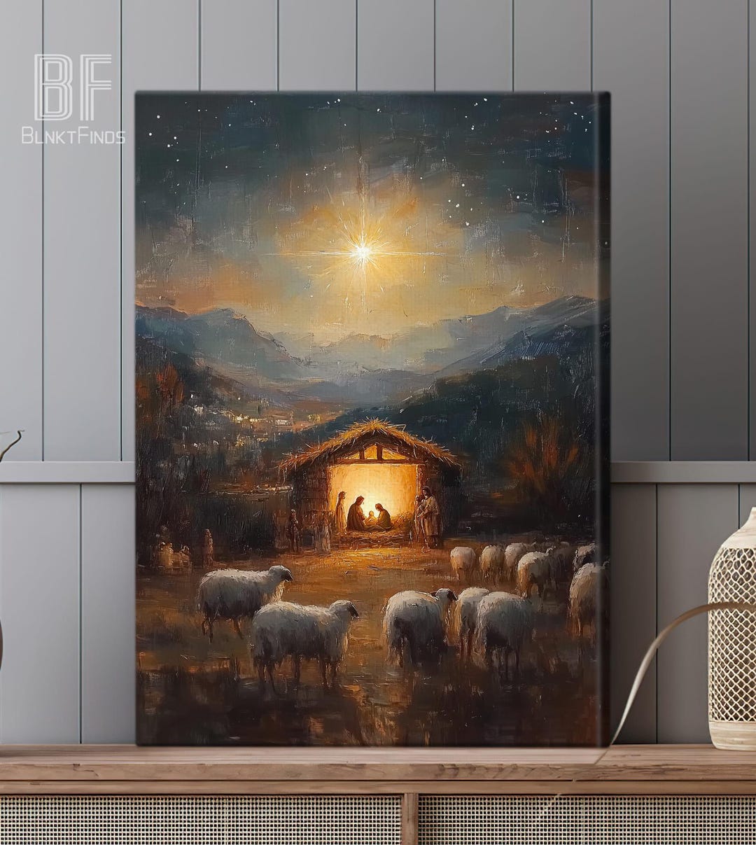 Nativity Scene Christmas Canvas Wall Art, Festive Winter Oil Painting ...