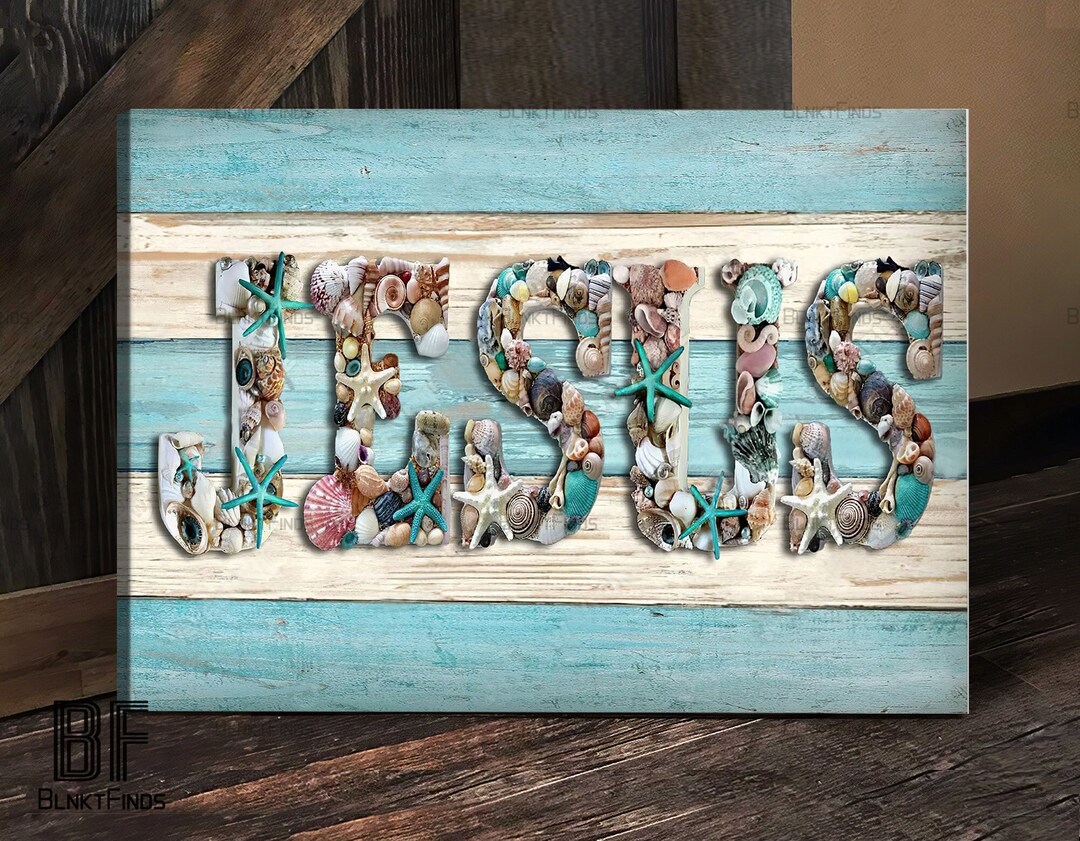 Jesus Seashell Painting, Blue Starfish, Beach Art Canvas, God Canvas ...