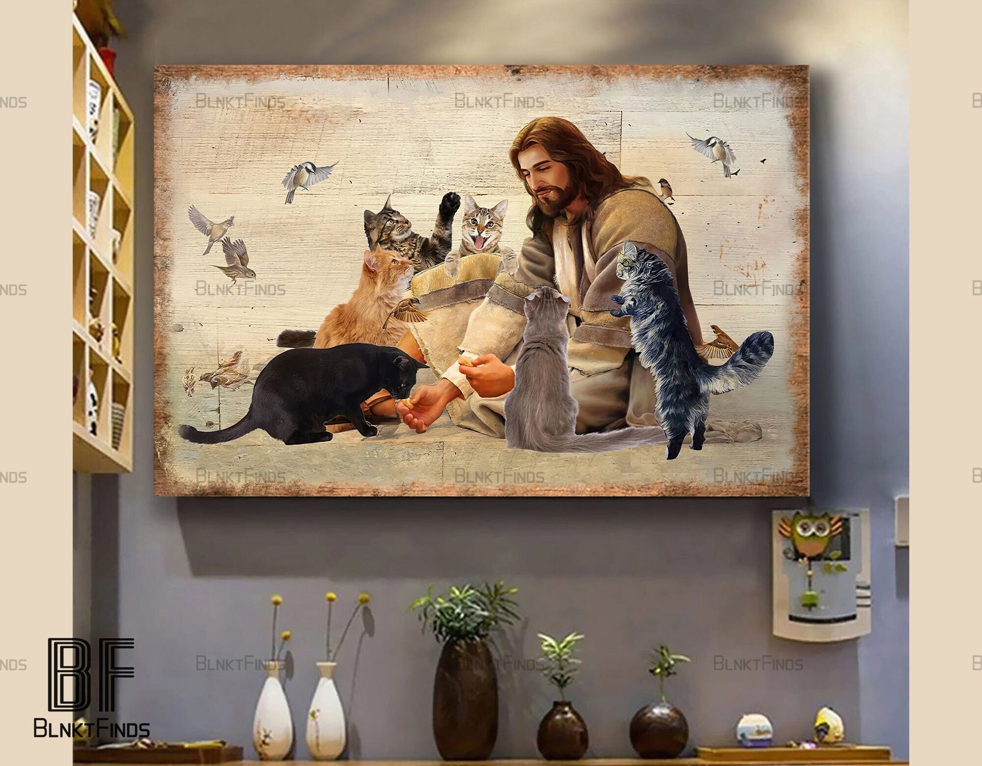 Jesus Hug Cats Canvas, Tranquil Farm Art, Cats With Jesus Painting, God ...