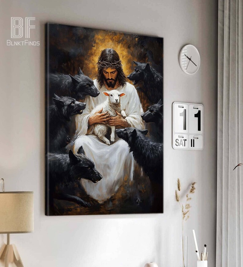Jesus Protecting Lamb From Wolves Canvas, Spiritual Christian Art ...