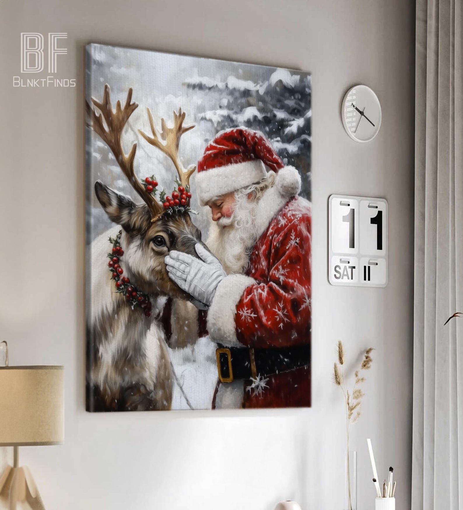 Santa Claus and Reindeer Canvas Art, Rustic Winter Scene Print, Cozy ...
