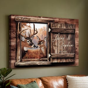 Personalized Deer Couple Canvas, Rustic Woodland Love Wall Art, Custom ...