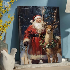 Santa Claus and Reindeer Christmas Canvas Art, Festive Holiday Wall ...