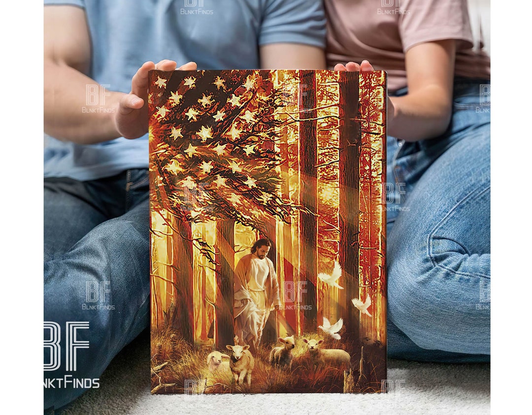 Jesus Walking With the Lambs, Usa Flag Jesus Lighting, Lion of Judah ...