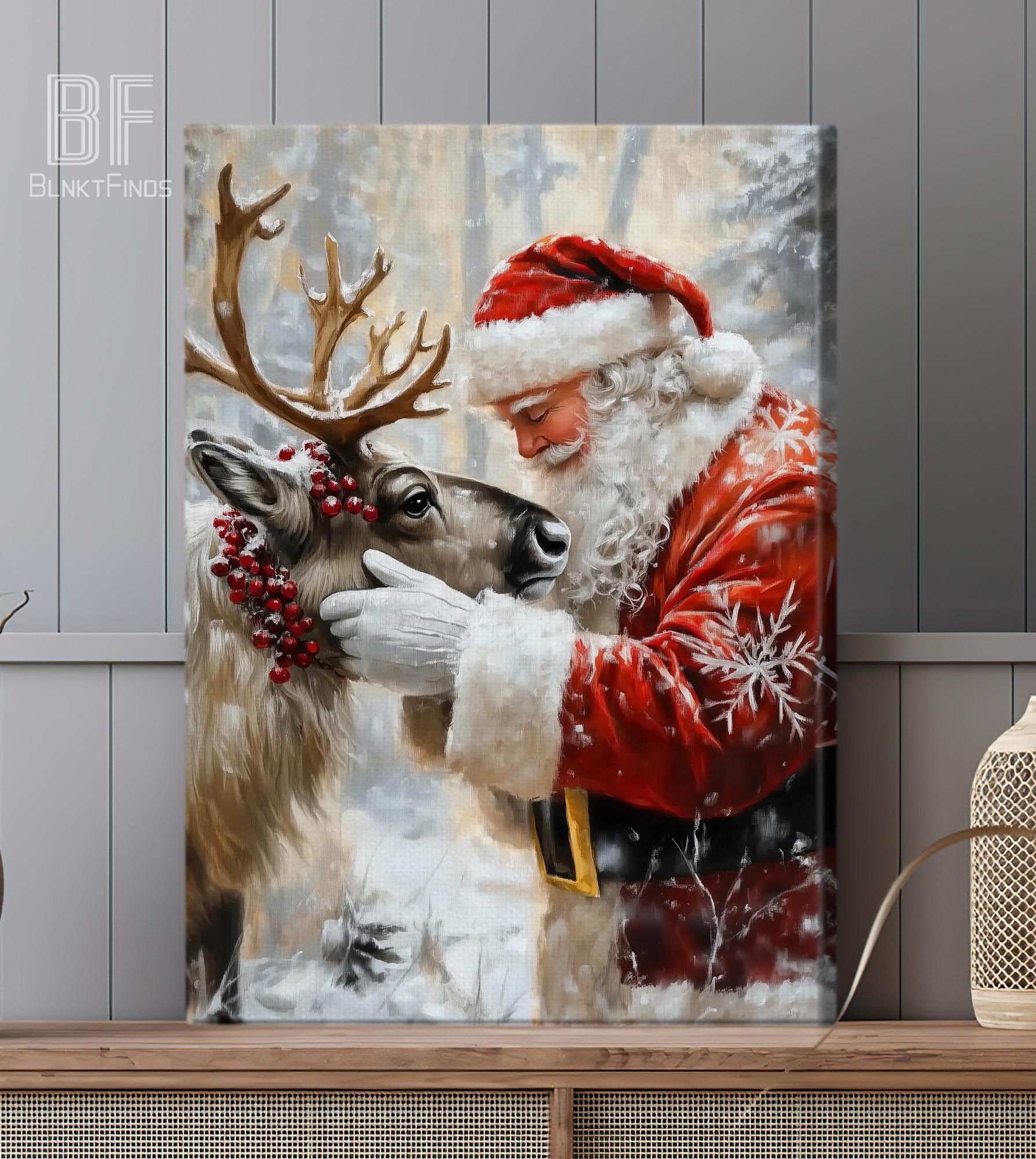 Santa With Reindeer Christmas Canvas Art, Cozy Winter Wall Decor ...