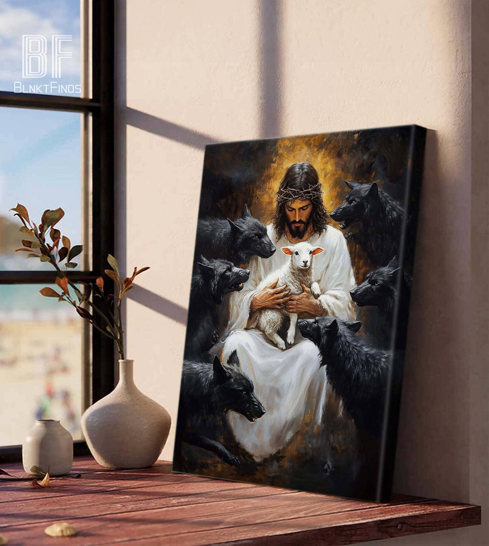 Jesus Protecting Lamb From Wolves Canvas, Spiritual Christian Art ...