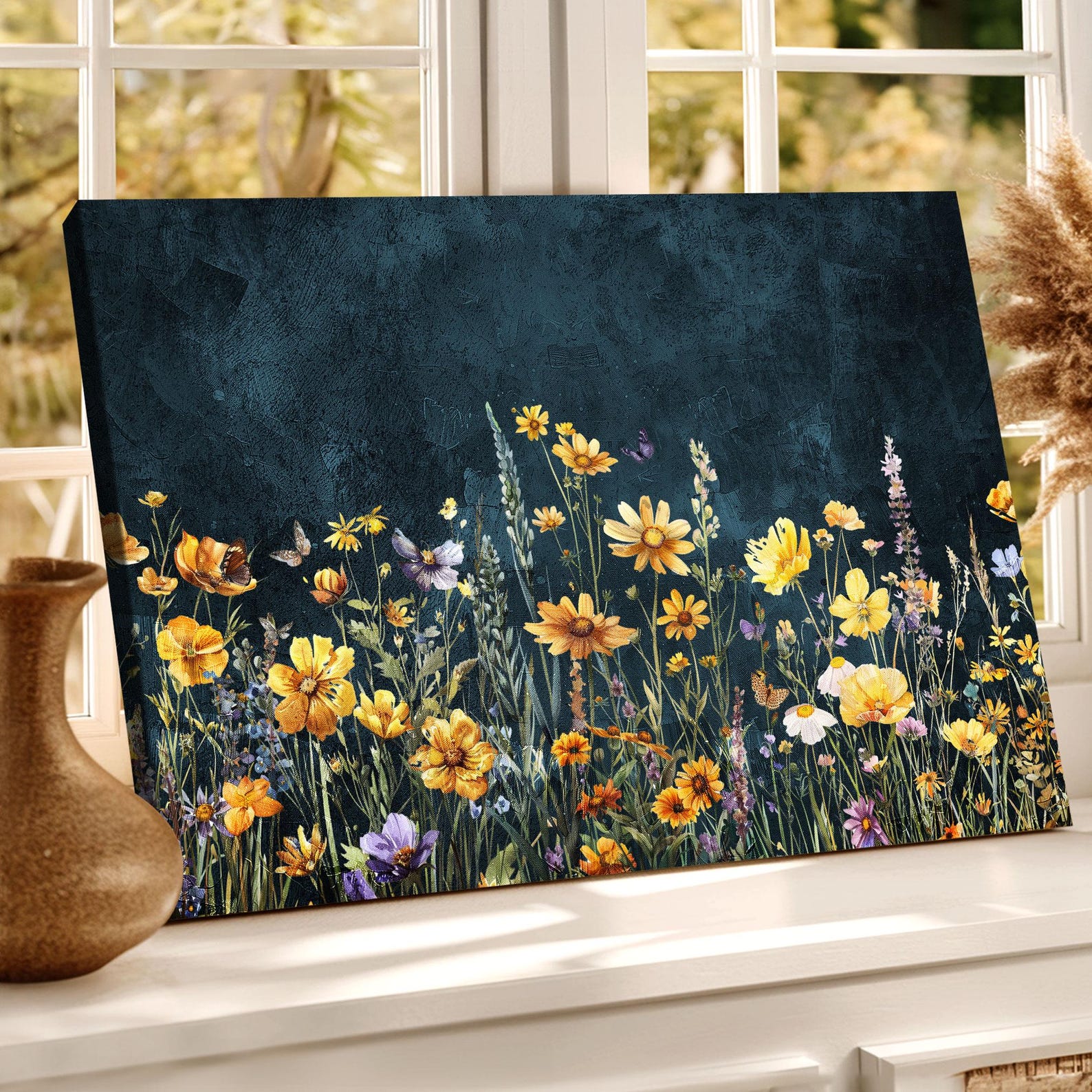 Rustic Wildflower Poster, Dark Floral Botanical Canvas, Summer Meadow ...