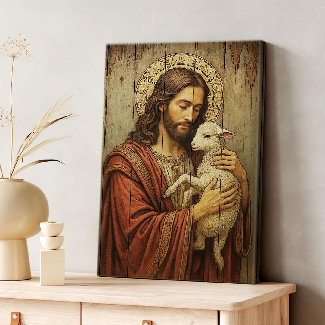Christian Good Shepherd Canvas, Jesus and Lamb Rustic Poster, Farmhouse ...